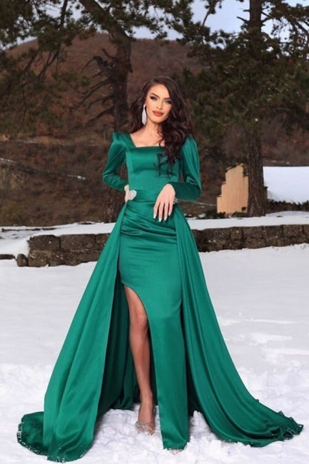 Elegant Green A-Line Satin Prom Dresses With Ruffles Square Long-Sleev ...